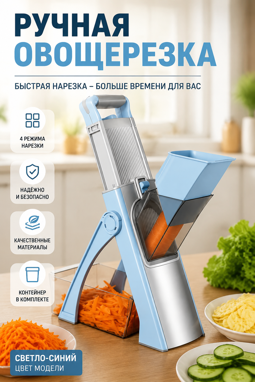 Овощерезка ручная с контейнером, 4 режима нарезки