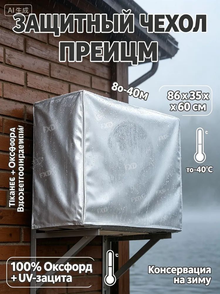 Чехол для консервации кондиционера 86х35х60 см. Защитный тент оксфорд от обледенения и пуха; морозостойкий серебристый кожух для сплит-системы 1 шт