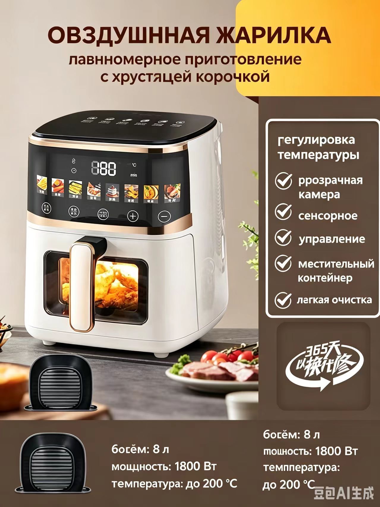 Электрический аэрогриль KQZG-CX01 с функцией гриля, объем 12 л, черный и серебристый цвет, сенсорное управление