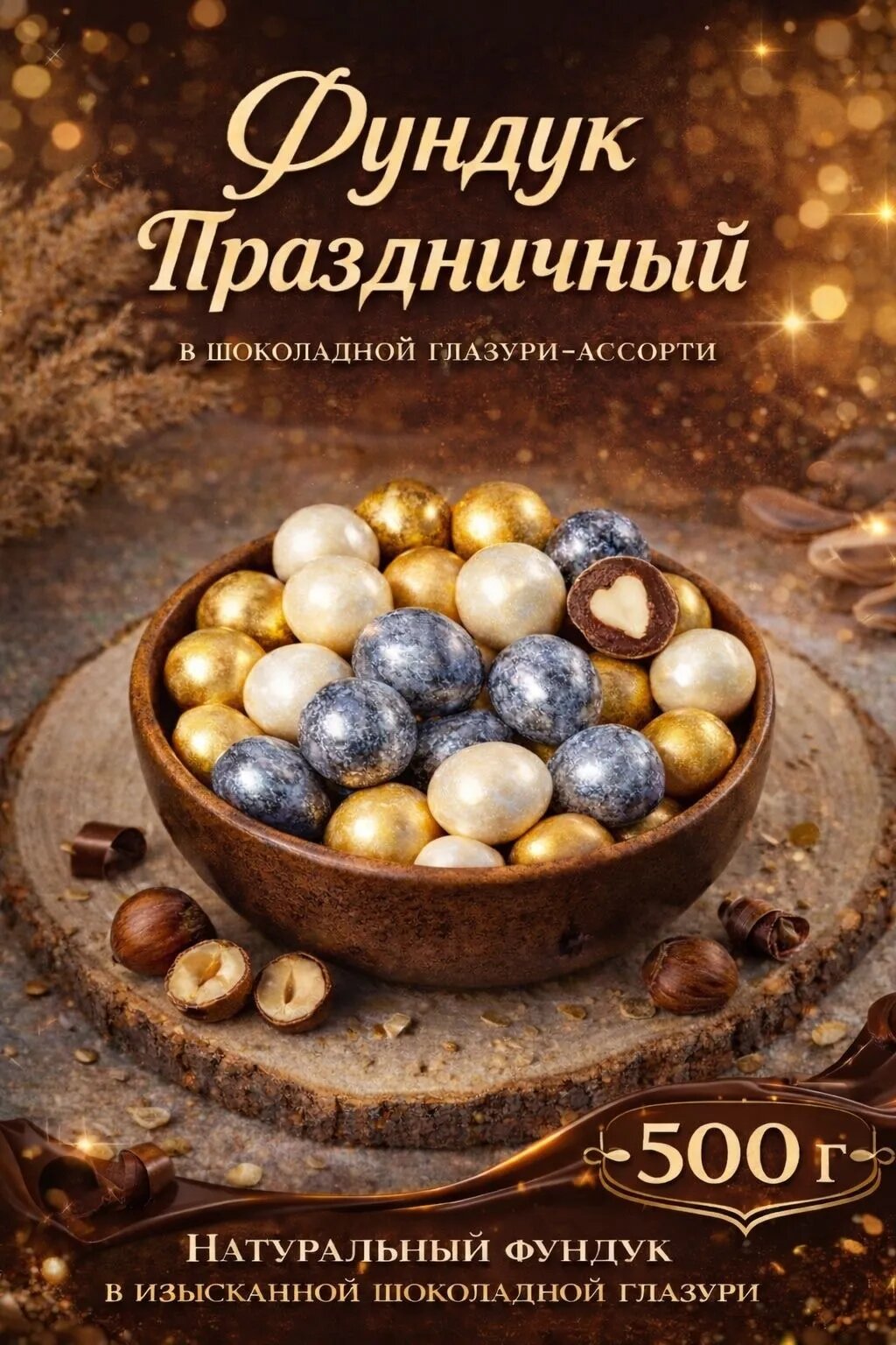 Фундук в шоколадной глазури "Праздничный" ассорти (золото, серебро, бронза, жемчуг) 500 г