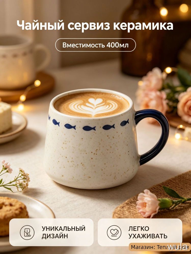 Кофейный сервиз Prima, 400 мл, чашка с синими рыбками, для дома, 1 шт
