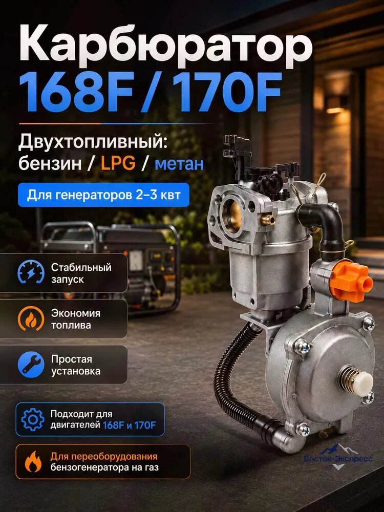 Карбюратор газ-бензин для генератора, электростанций. 3 кВт ( двигатель 6.5-7 лс 168F/170F)
