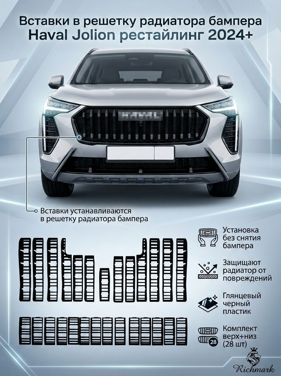 Полный комплект Вставки в решетку бампер/ защита радиатора для Haval Jolion Хавал Джолион 2024-2026 (рестайлинг) Ричмарк