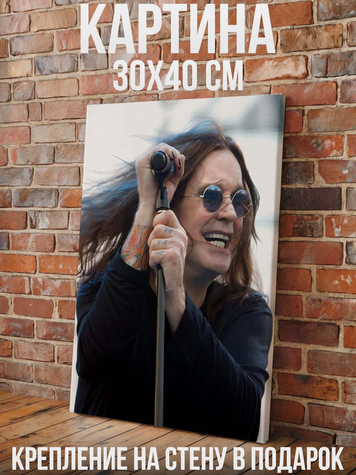 Рок группа ozzy osbourne Оззи Осборн Портрет со стойкой микрофона - большая картина на стену для интерьера, холст на подрамнике 30х40 см