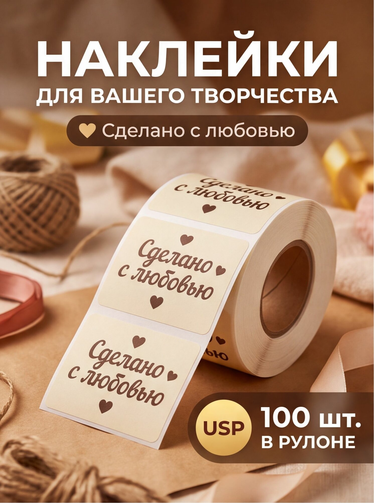 Наклейки ручной работы, Сделано с любовью, 100 шт, 58*40