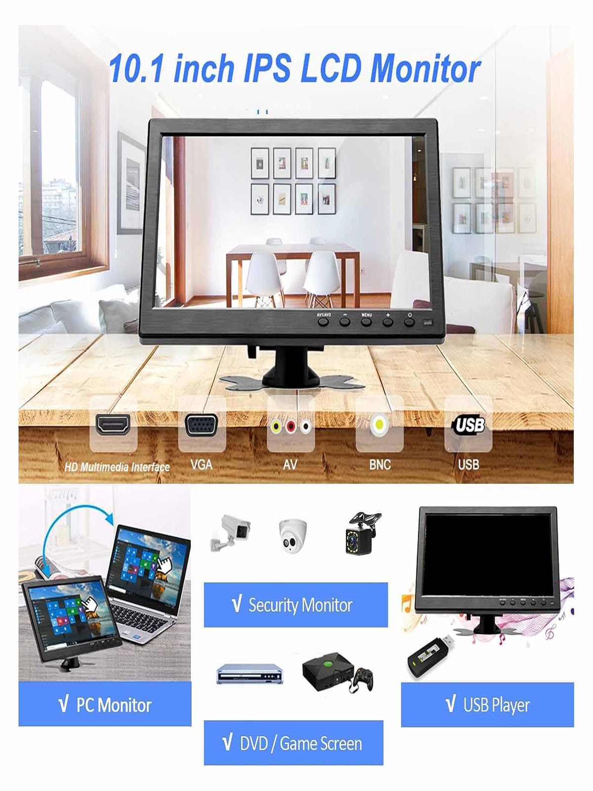 Портативный монитор 10.1 дюйма, цветной TFT LCD экран, HD разрешение, поддержка HDMI, VGA, BNC, AV, YPbPr входов, для презентаций и видеонаблюдения.