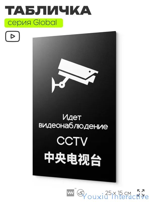 Табличка Ведется видеонаблюдение, на дверь и стену, информационная и мультиязычная (русский, английский, китайский), серия GLOBAL, 25х15 см, Айдентика Технолоджи