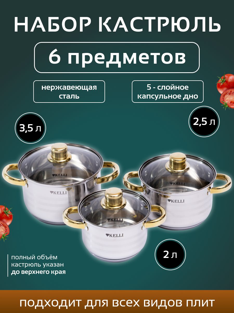 Набор кастрюль из нержавеющей стали с крышкой KELLI, 6 предметов, подходит для всех видов плит, включая индукционных, многослойное капсульное дно