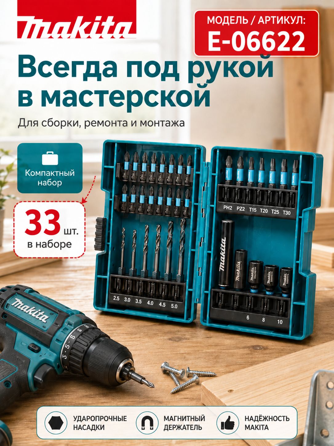 Набор бит и свёрл ударный 33 предмета, шестигранник 6,35 мм, магнитные, в кейсе