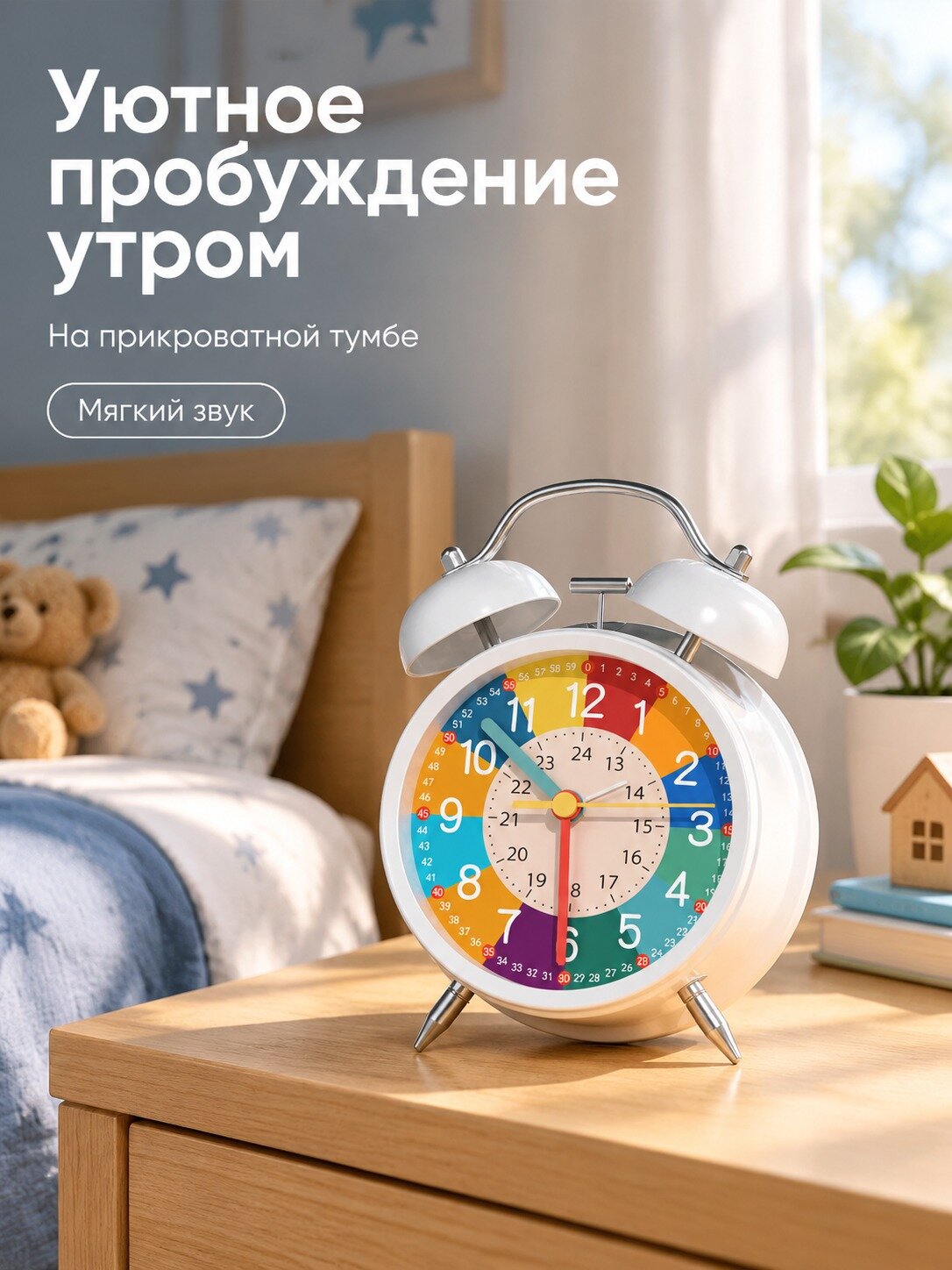 Детский будильник с цветным циферблатом и тихим ходом