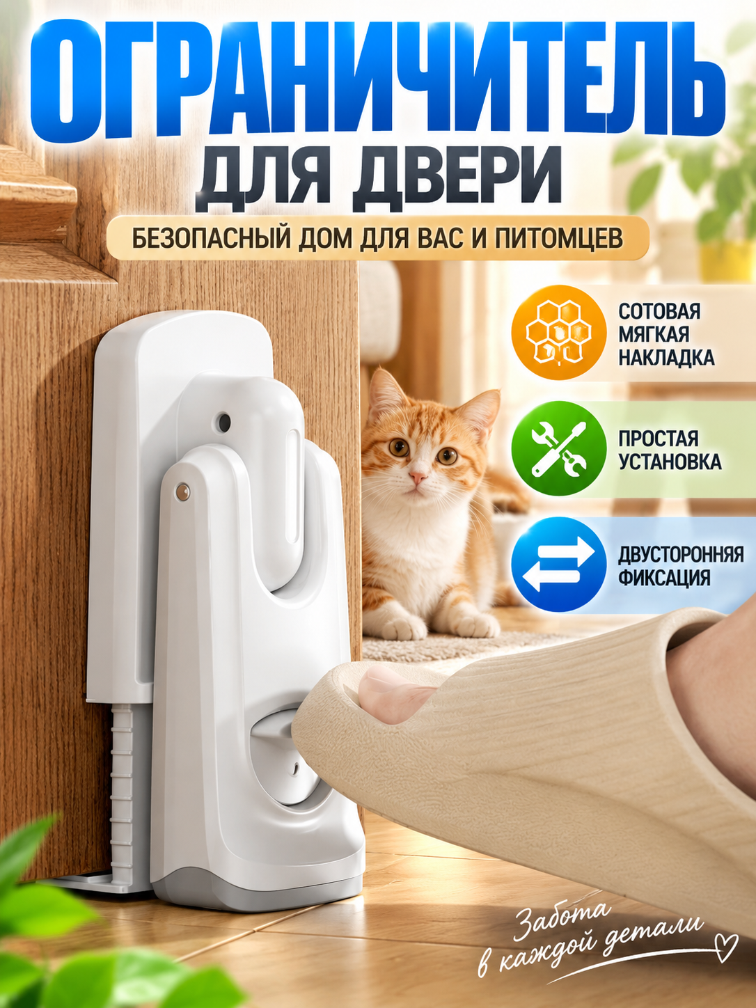 Ограничитель для двери белый, напольный стопор с двусторонней фиксацией, мягкая накладка, защита от прищемления для детей и питомцев дома