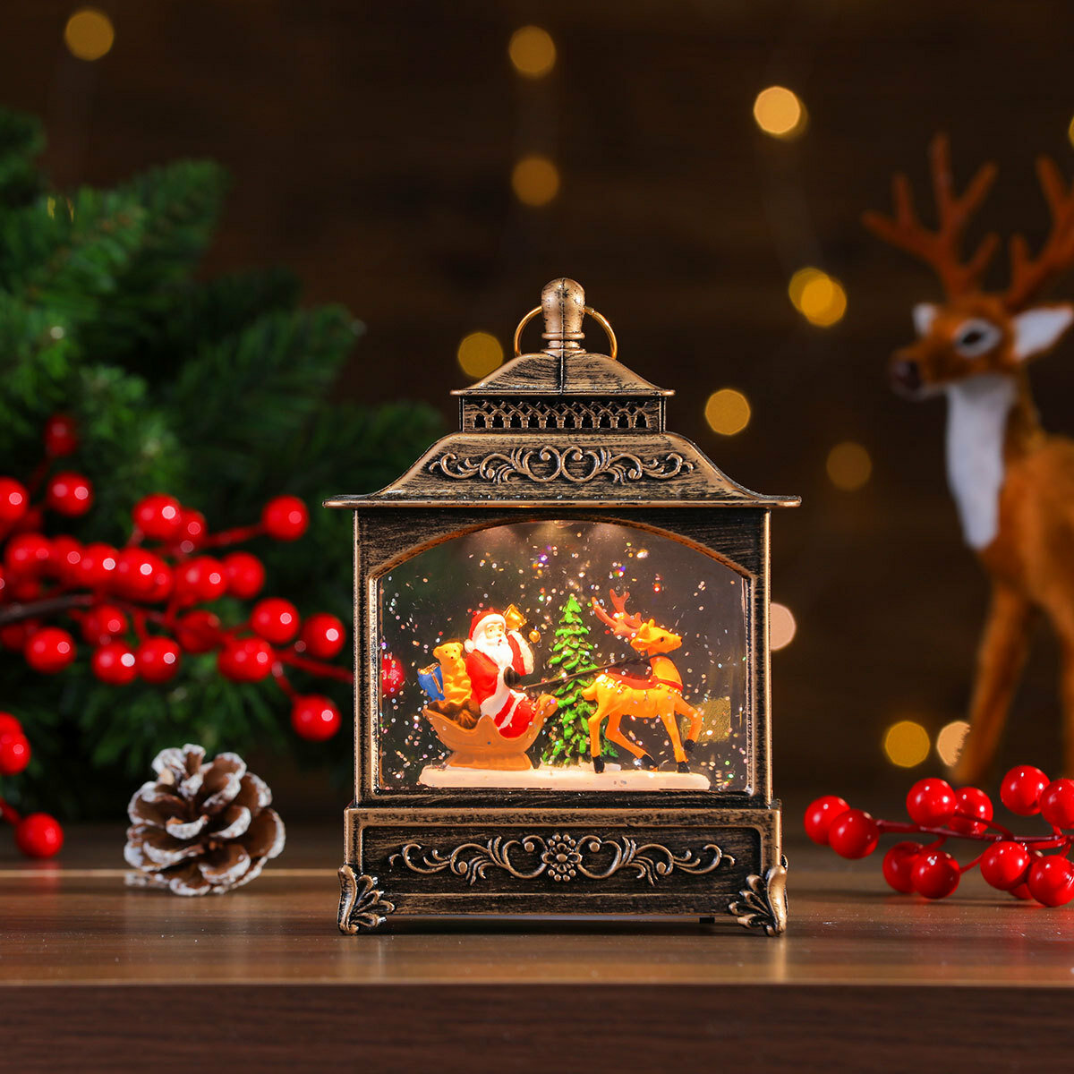 Новогодняя музыкальная снежная лампа плоский фонарь коричневый Дед Мороз и олень упряжка пластиковая фигура с подсветкой