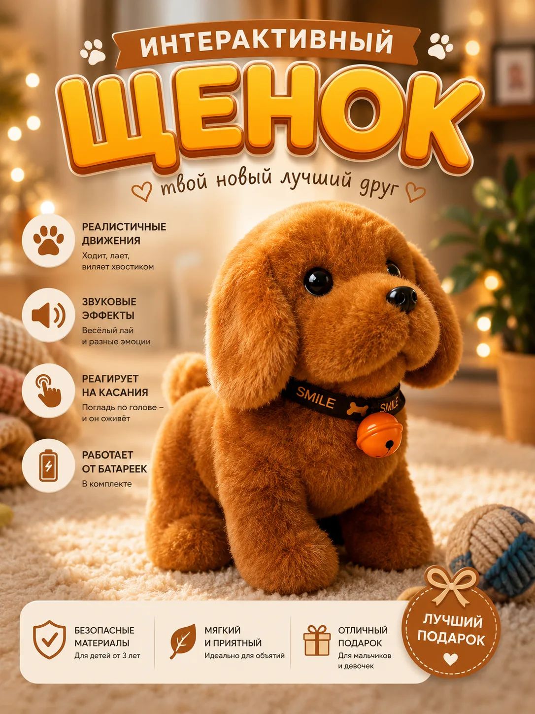 Интерактивная собака, игрушка собачка на поводке в комплекте с аксессуарами развивающая, щенок для девочки и мальчика