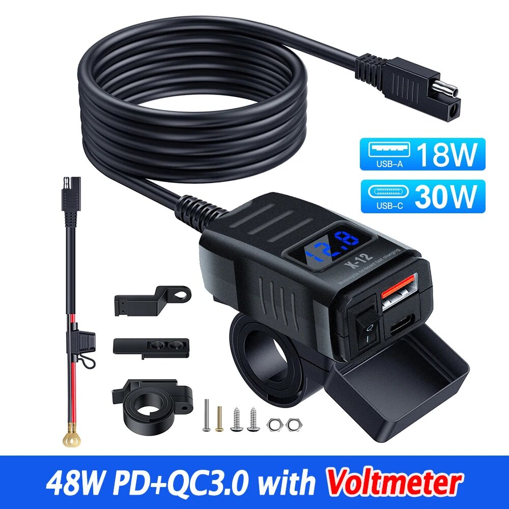 Зарядное устройство для мотоцикла 48W PD QC3.0, водонепроницаемая зарядная розетка Digital PD QC3.0
