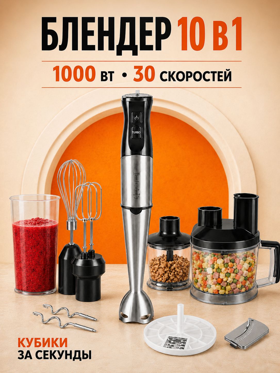 Погружной блендер, черный матовый, Электрический кухонный комбайн