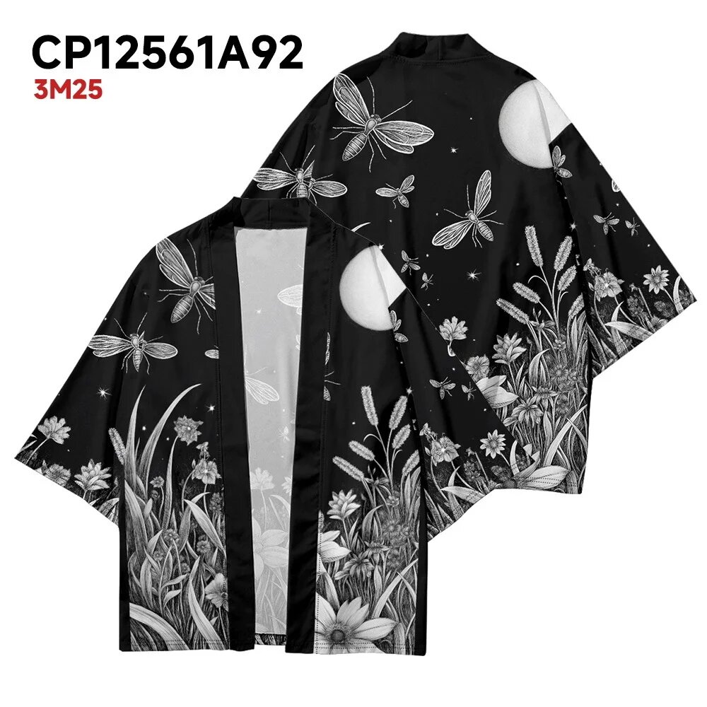 Кардиган-хаори FZSLCYIYI полиэстер женский бабочки цветы Черный, L, kimono