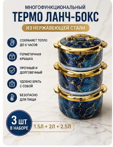 Термокастрюля 1,5 л, 2 л 12 ч золотой, темно-синий