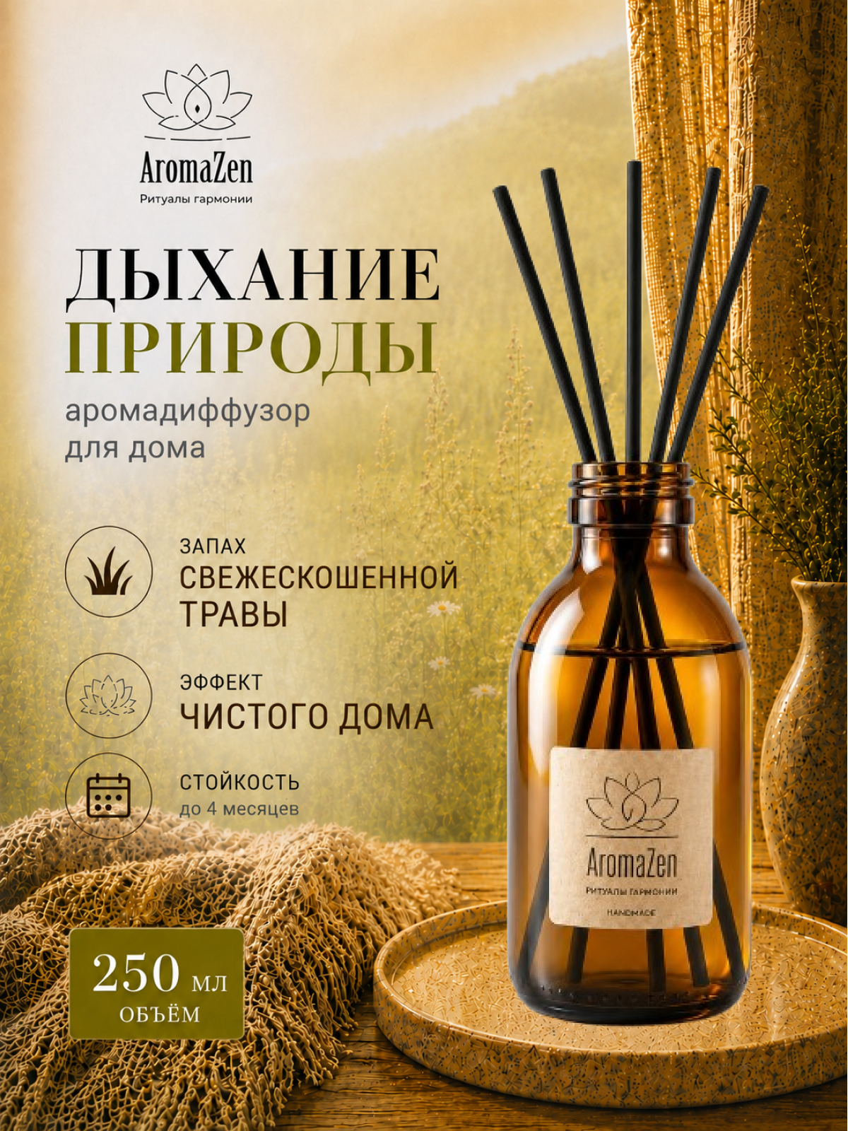 AromaZen Аромадиффузор/Диффузор для дома /ароматизатор для дома с палочками Дыхание природы/ свежескошенная трава 250 мл