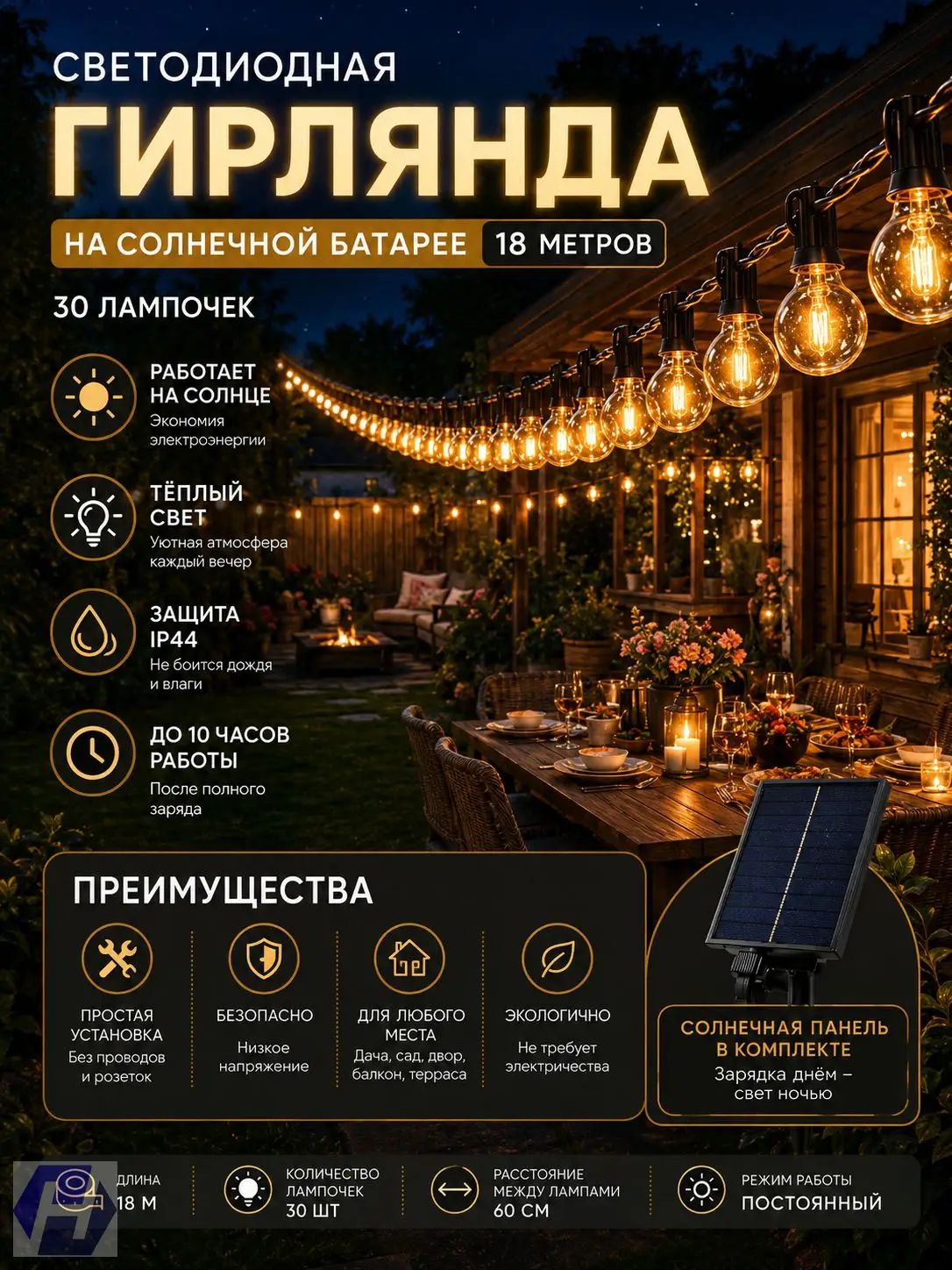 Электрогирлянда уличная Ретро светодиодная 30 ламп, 18 м, питание от порта usb, 1 шт