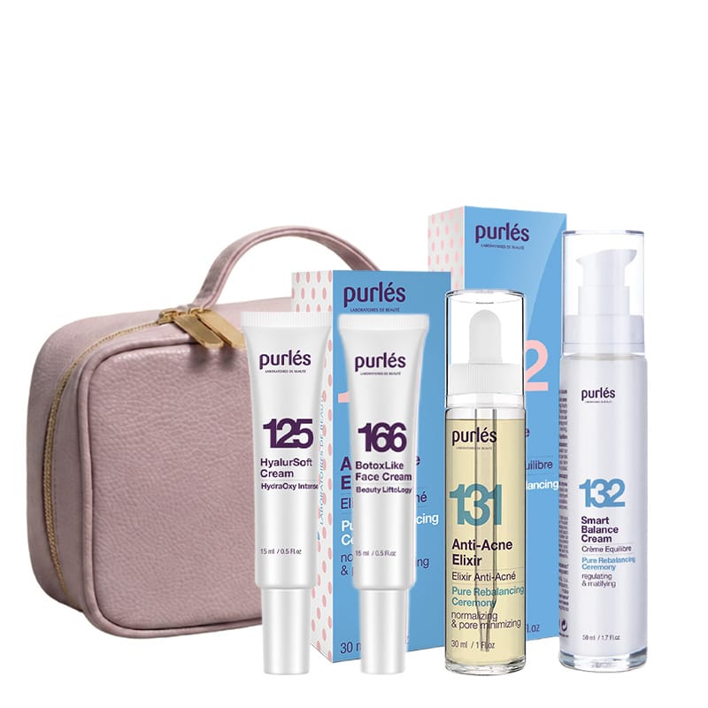 Набор уходовой косметики Purles Smart Balance Set + Travel Products + косметичка набор: эликсир 30 мл + балансирующий крем 50 мл + легкий крем HyalurSoft 15 мл + лифтинг-крем 15 мл + косметичка 1 шт.