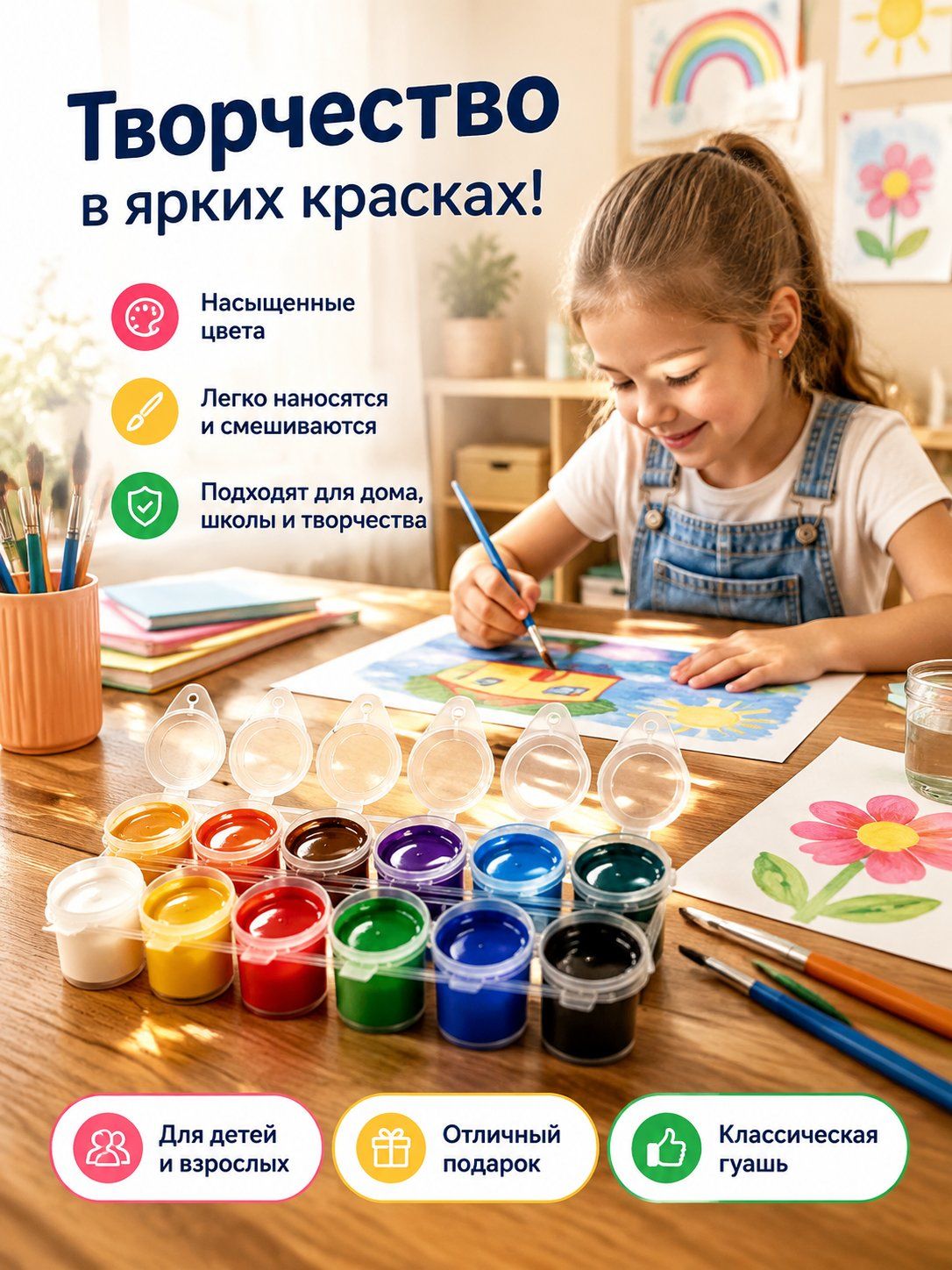 Набор гуаши из 12 предметов: 12 цветов в блок-таре, 24 мл, для детского творчества
