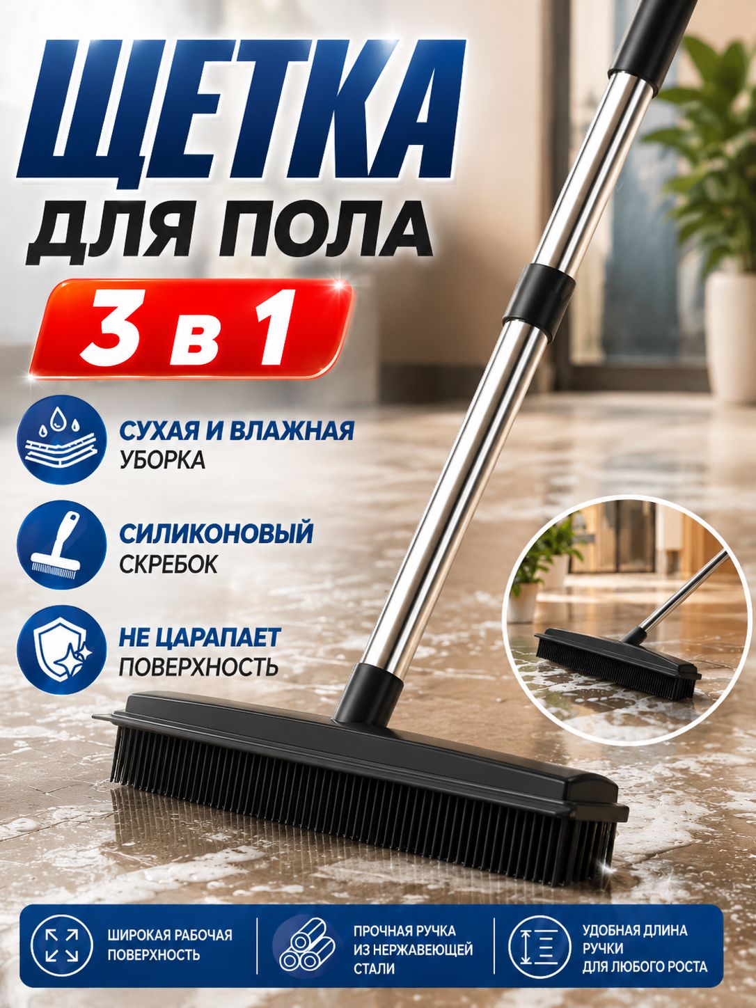 Силиконовая чистящая щетка, водосгон для уборки 3 в 1 для пола, для ванной, плитки, стекла и автомобиля, для бытовой