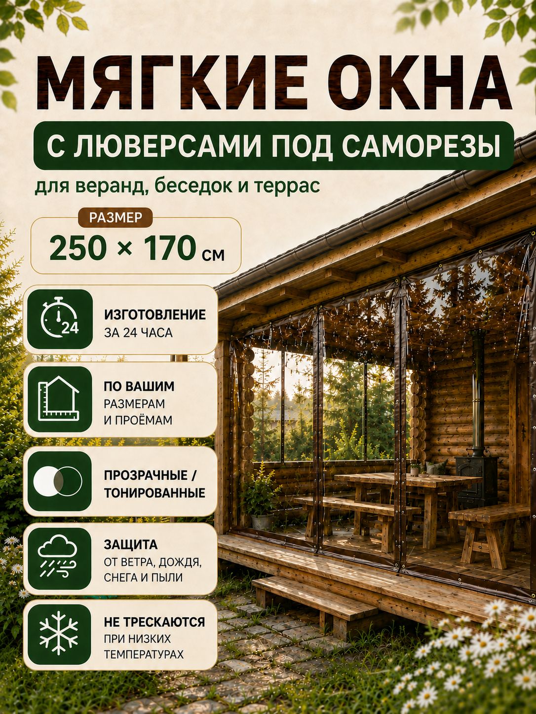 Мягкое окно ПВХ глухое 250x170 см с люверсами под саморезы, коричневая окантовка, для беседки, веранды и террасы, Тентовъ