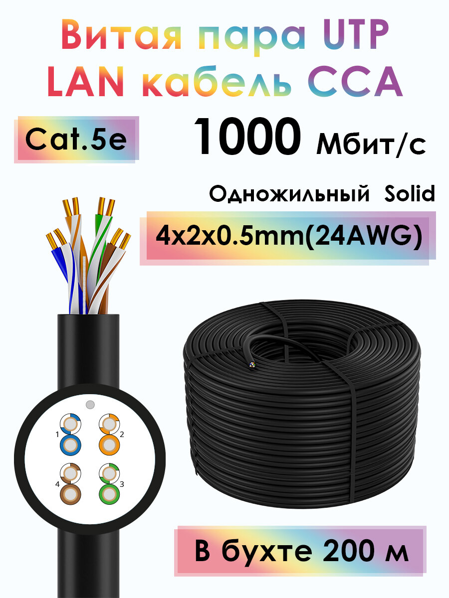 4PH Кабель LAN витая пара UTP 200м Cat.5e CCA одножильный (Solid) бухта