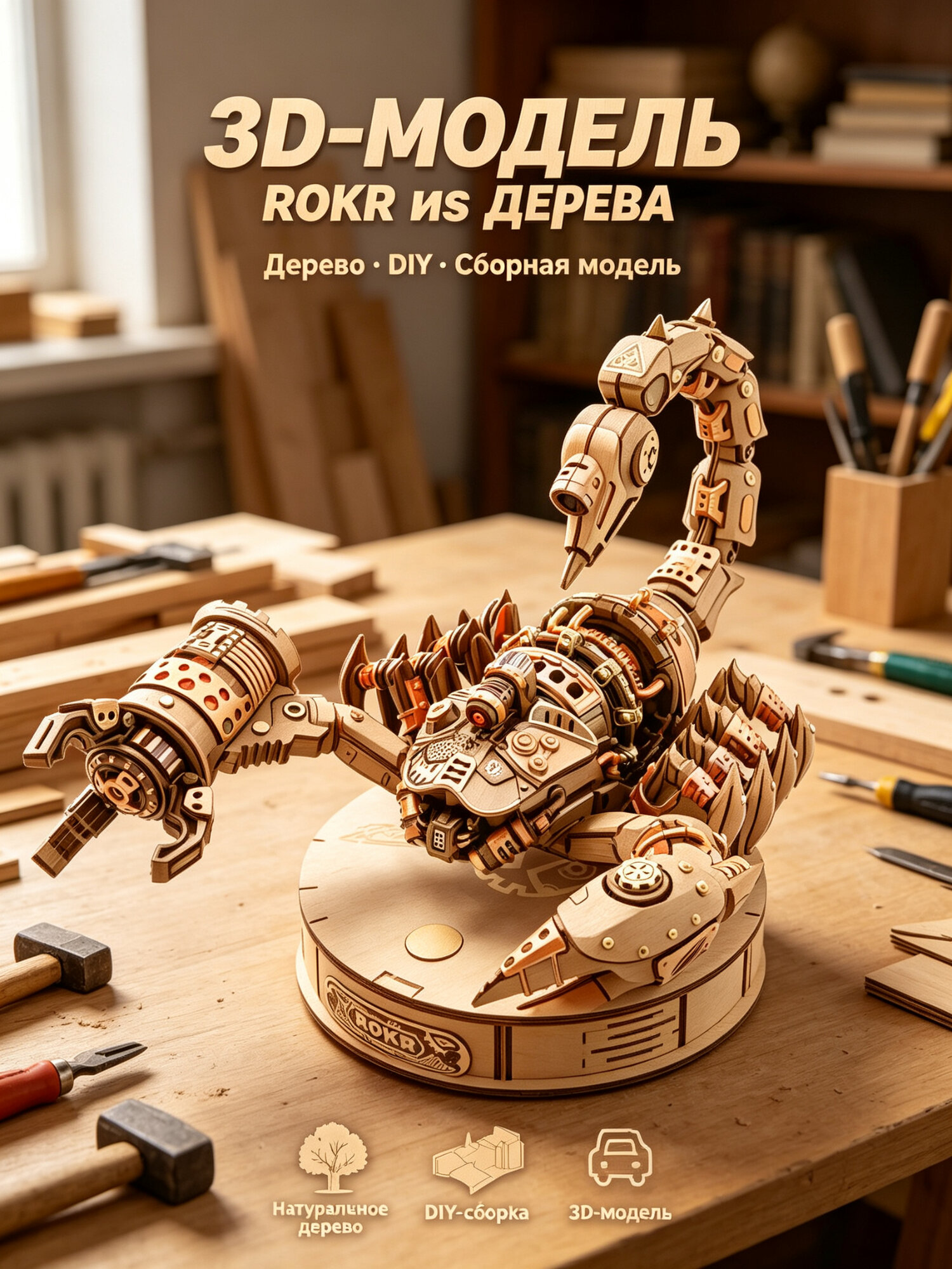 Деревянная сборная 3D-модель-конструктор ROKR MI04, DIY-набор для творчества и хобби, сборка своими руками