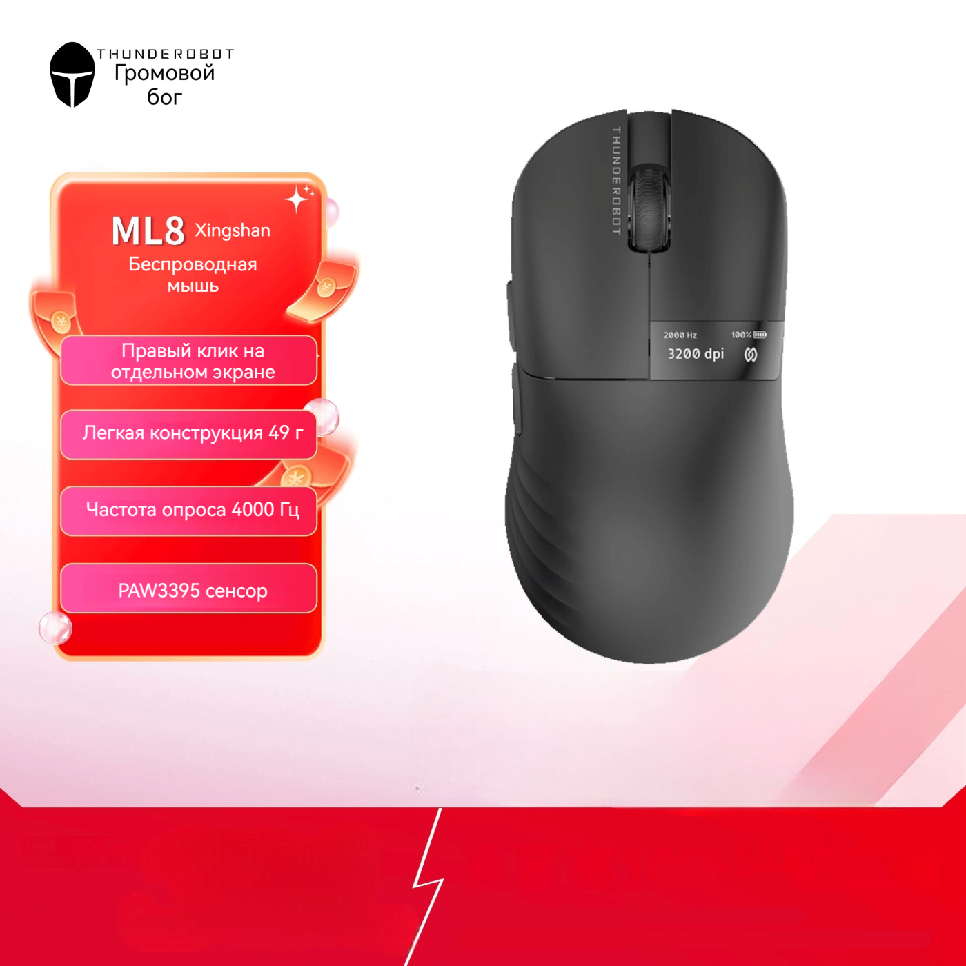 ThundeRobot ML8 Беспроводная мышь весом 49 г/ двухрежимный проводной дисплей/2,4 G DPI26000/IPS650 4K