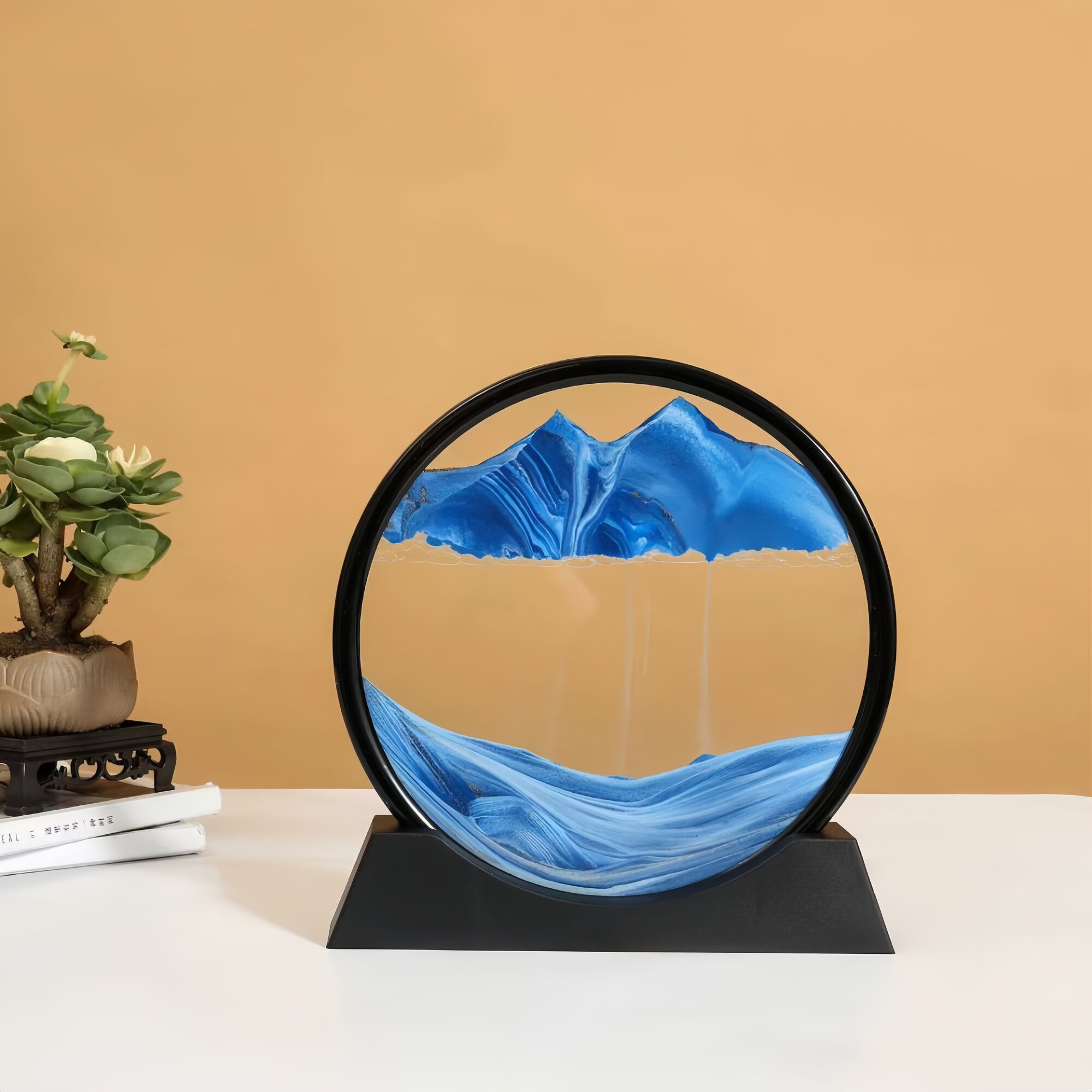 Биокамин, Настольная установка, Круглые 3D песочные часы с движущимся песком для релаксации и декора интерьера (Цвет товара: blue; Ширина: 24 см; Высота: 27 см; Комплектация: 1 шт. песочной картины с подставкой)