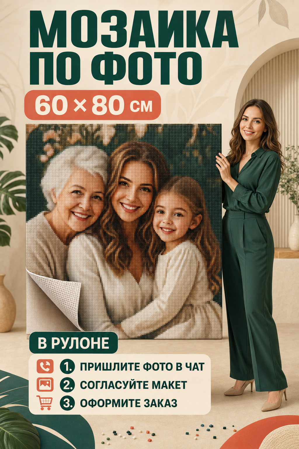 Алмазная живопись по фотографии 60×80 см — алмазная мозаика на заказ, холст в рулоне. Цветная выкладка.