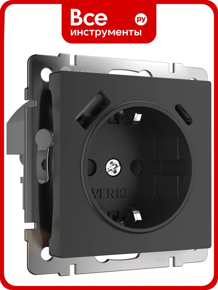 Розетка с заземлением и шторками и USB тип A+C WERKEL W1171708 черный a056275
