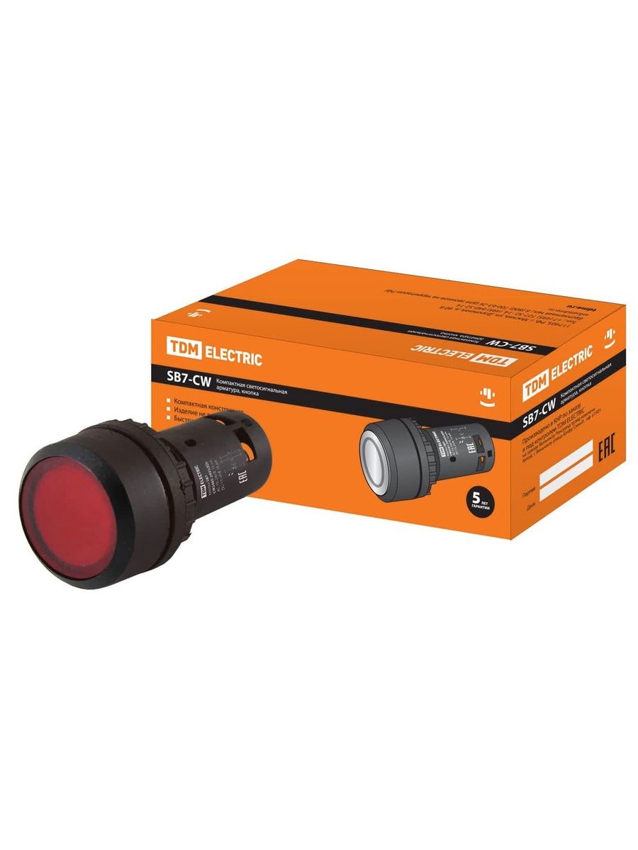 Кнопка с возвратом, SB7-CW3465 1НО+1НЗ, d22 мм, с подсветкой 24 В LED, красная, IP54