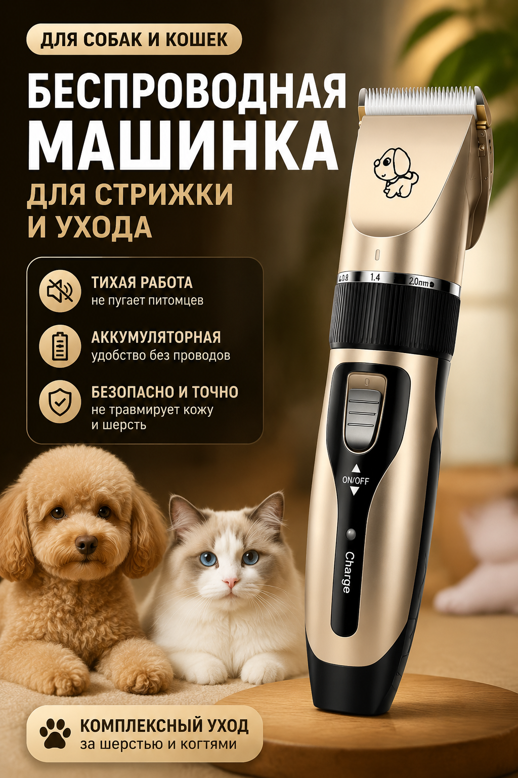 Беспроводная машинка для стрижки собак и кошек, аккумуляторный триммер для ухода за шерстью и когтями