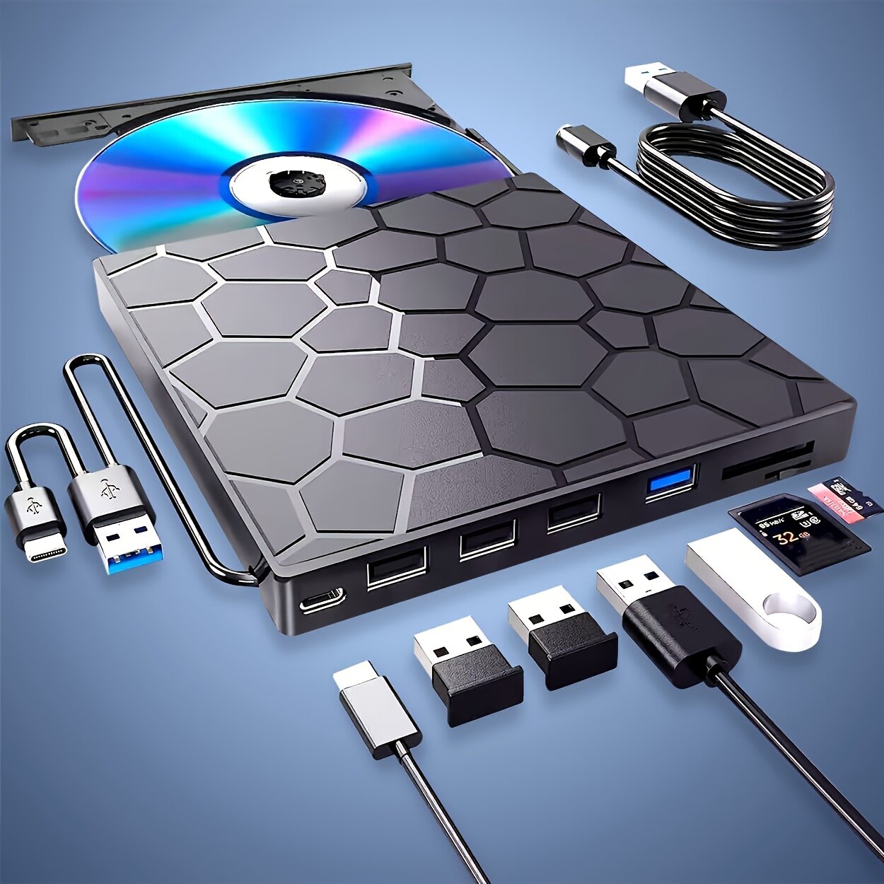 Внешний DVD/CD/Blu-ray привод для записи с портами USB 3.0 и USB-C, питание от USB, совместим с Windows, macOS, Linux, ПК и ноутбуками, модель B0250