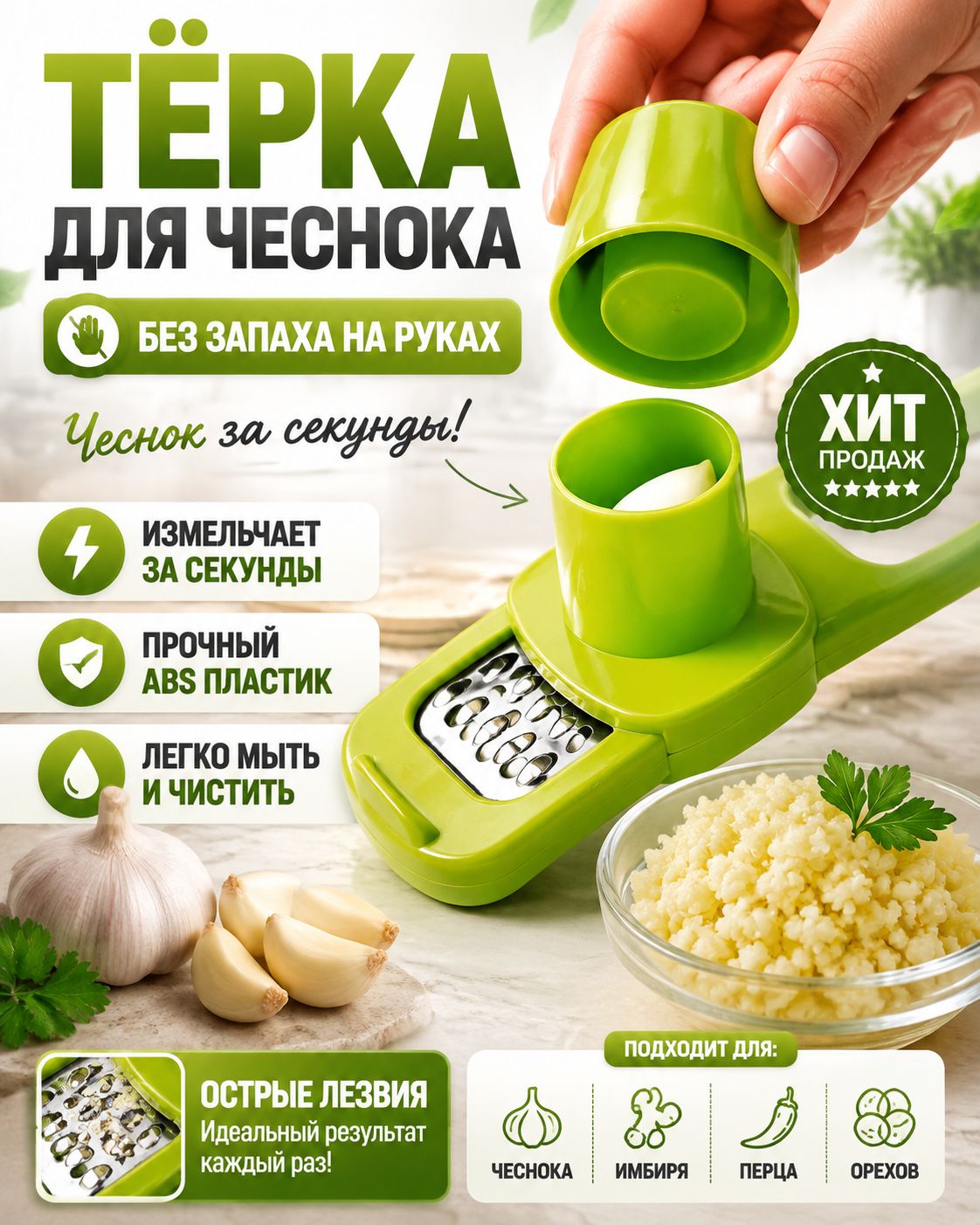 Терка для чеснока / пресс кухонный для чеснока, имбиря, орехов / измельчитель для кухни