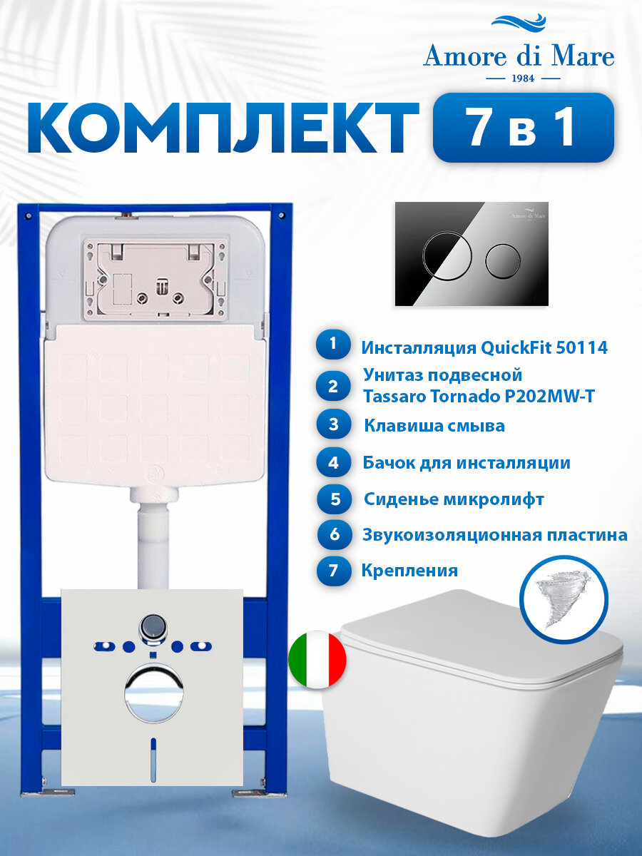 Комплект инсталляции Amore di Mare QuickFit 50114 с унитазом Tassaro Tornado P202MW-T Matte White с кнопкой 303CH 7 в 1, Италия