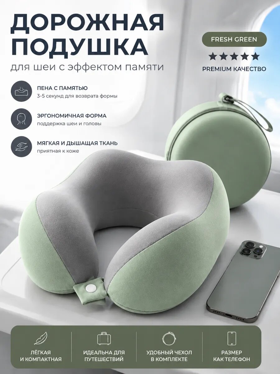Дорожная подушка для шеи пена с памятью U форма серый