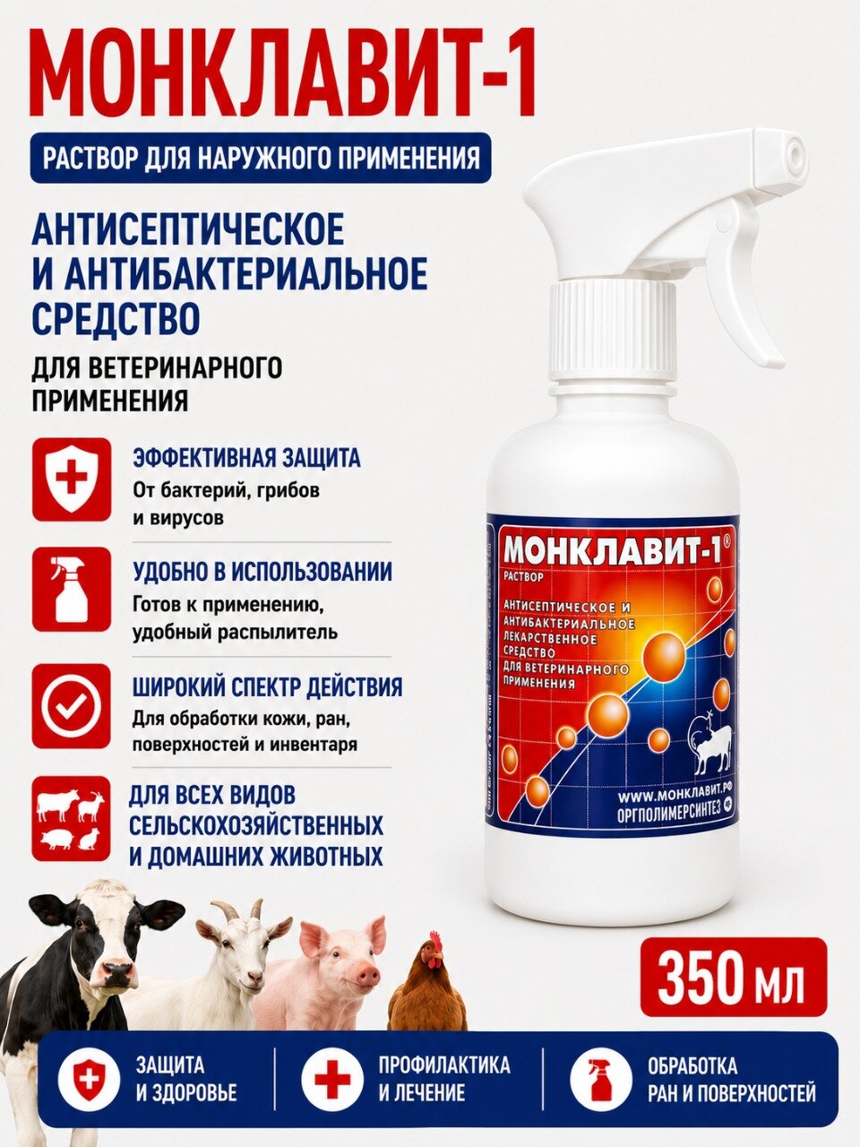 Монклавит-1 антисептическое средство для животных, флакон 350мл с курковым распылителем
