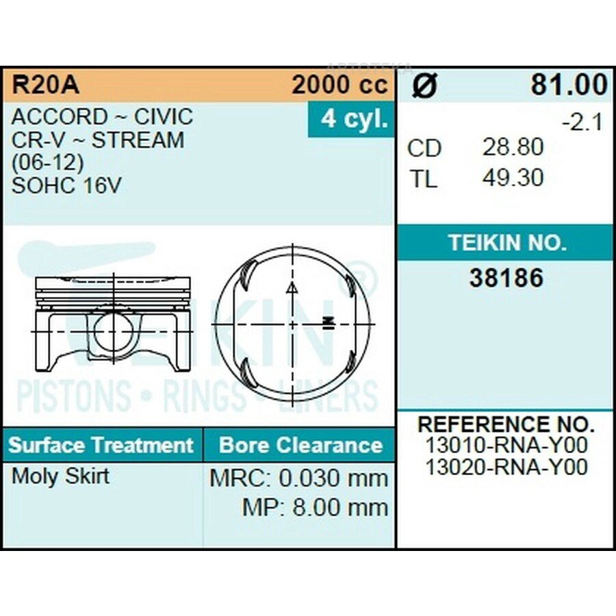 Поршень двигателя TEIKIN 38186 STD (4шт/упак) TEIKIN 38186STD