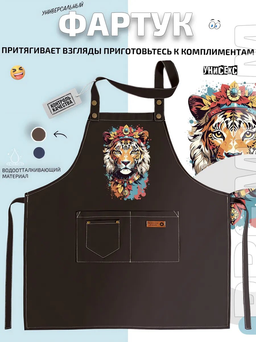 Фартук Тигр Tiger Африканский хищник Царь джунглей кухонный с принтом универсальный
