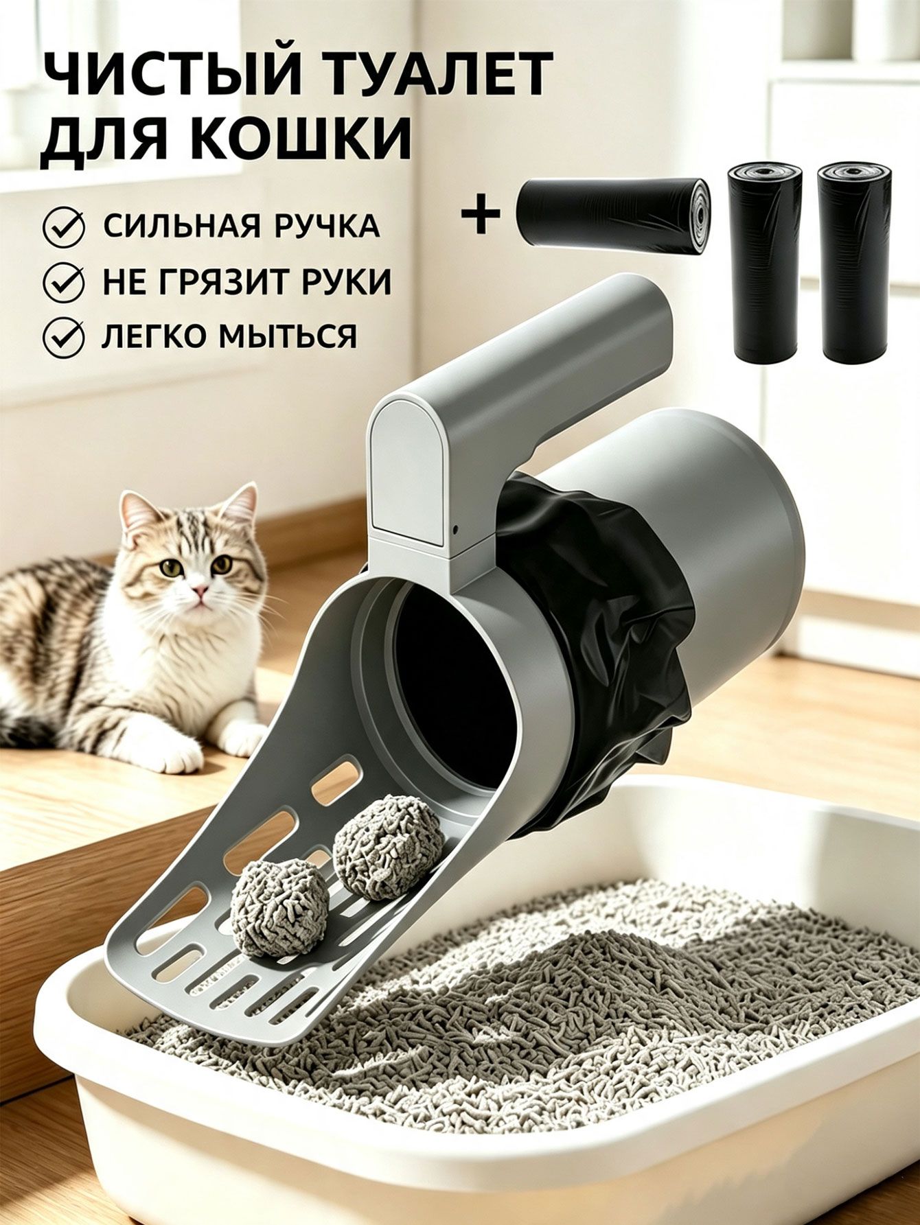 1 совок для кошачьего туалета, 3 пакета для отходов, принадлежности для уборки за питомцем