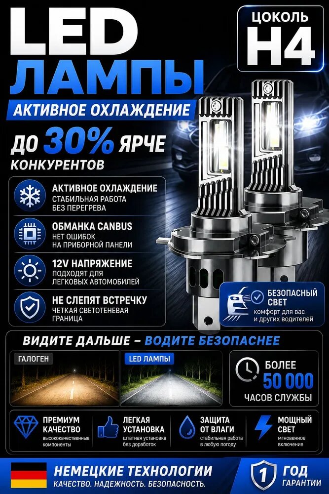 Лед лампы h4, лампочки h4, лампы h4 2шт