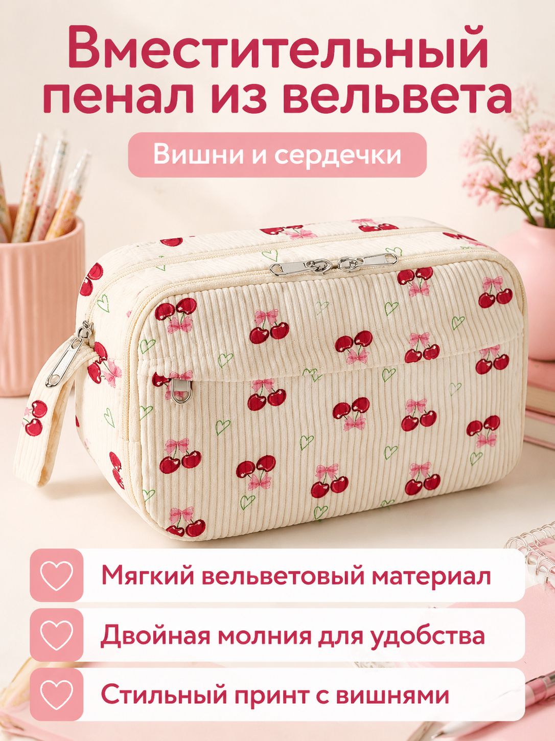Большой пенал с отделениями на молнии из вельвета: вишни и сердца, универсальный для девочек и мальчиков