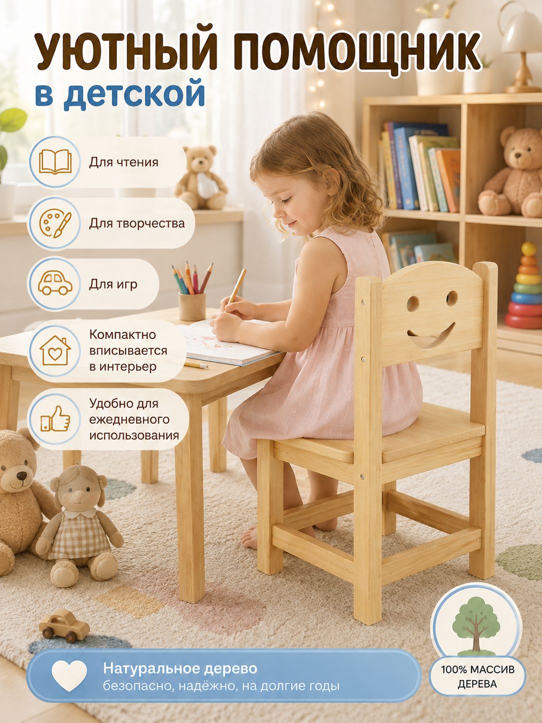 Деревянный детский стульчик из массива, спинка‑улыбка для домашних занятий ,25х42см — фото 1