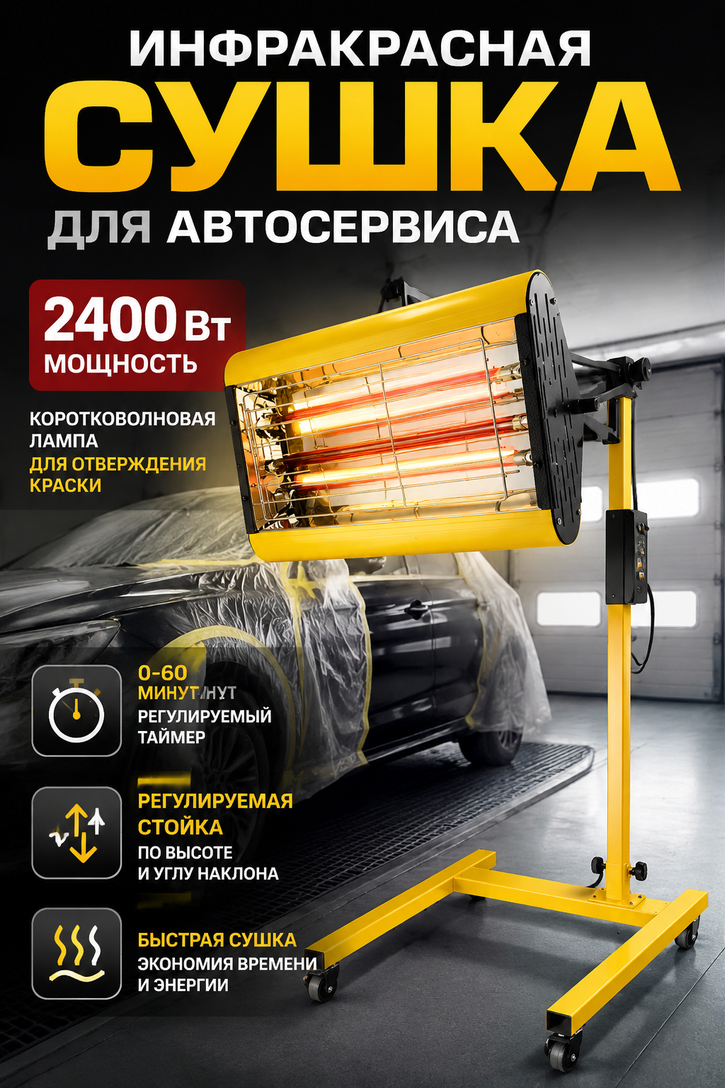 Инфракрасная сушка для автосервиса 2400 Вт, коротковолновая лампа для отверждения краски, желтая, с таймером и регулируемой стойкой