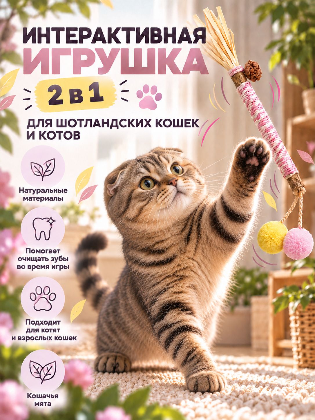 Розовая палочка для шотландской кошки с кошачьей мятой, два мягких шарика
