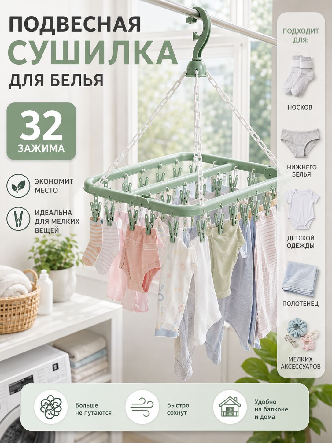 Сушилка для белья навесная складная 32 см х 32 см х 35 см пластик 1 шт зеленый
