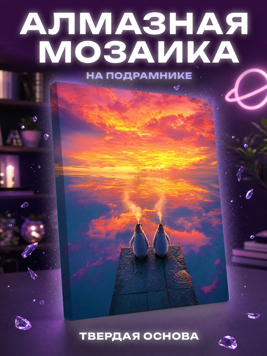 Алмазная мозаика Пингвины над зеркалом заката